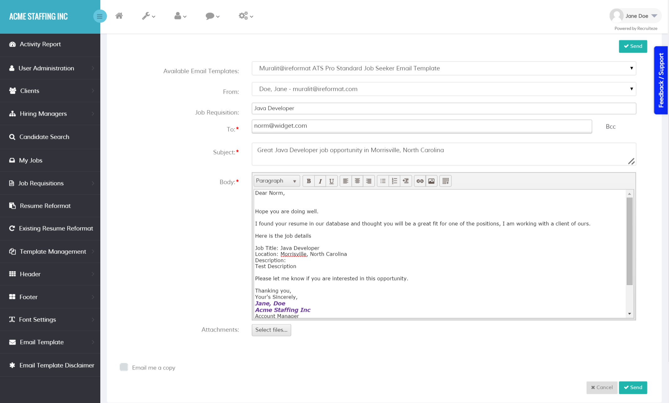Recruiteze: How to quickly contact a candidate using Email Templates