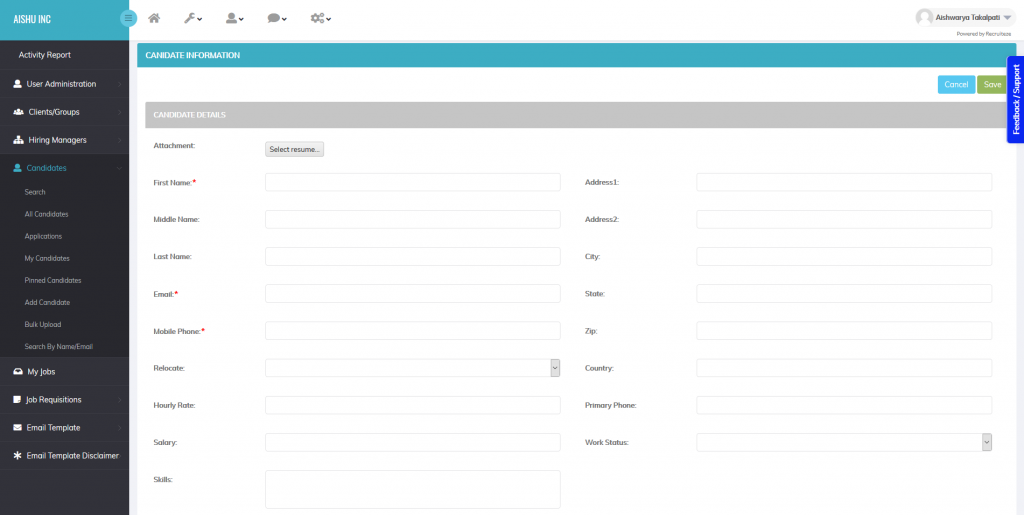 Recruiteze - Add Candidate Manually | Online Applicant Tracking System