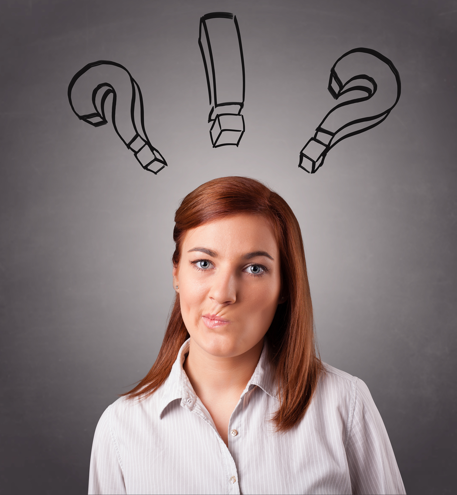 Beautiful young lady thinking with question marks overhead | Recruiteze